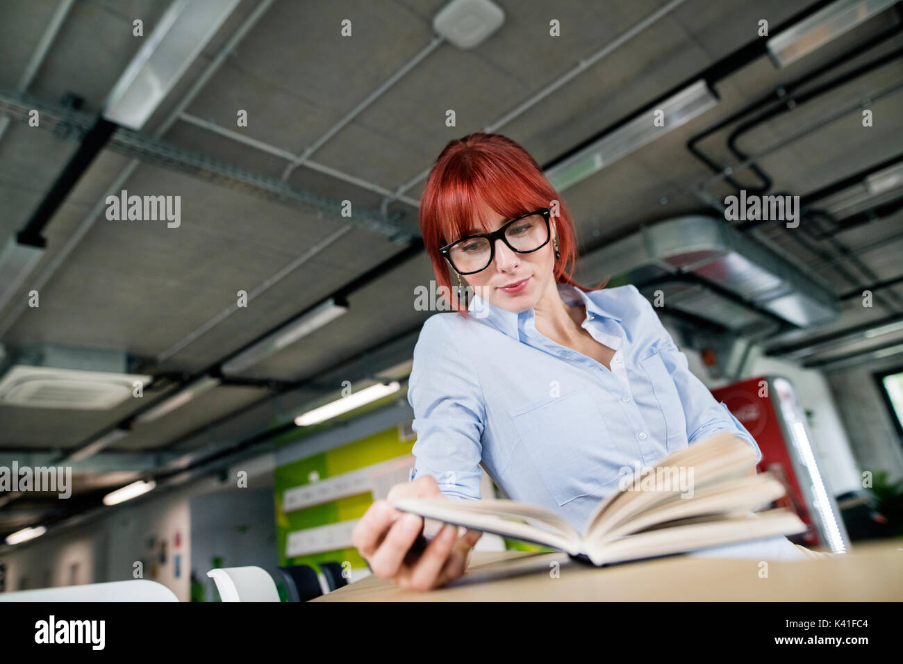 Businesswoman with a book in her office working Stock Photo - Alamy