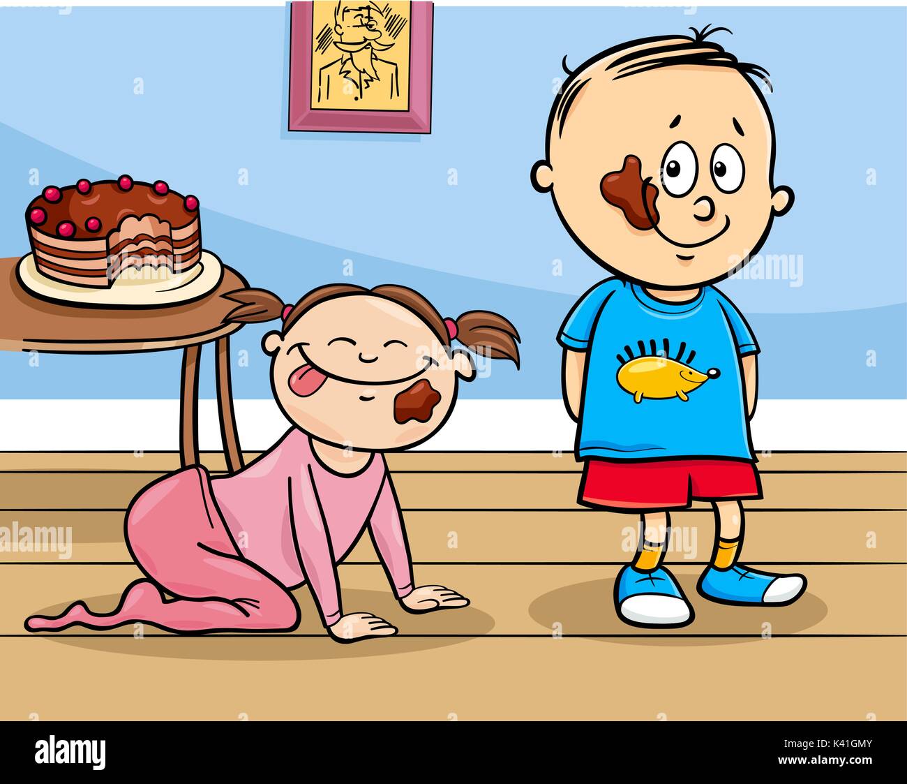 Cartoon Illustration of Little Boy and Baby Girl and Chocolate Cake ...