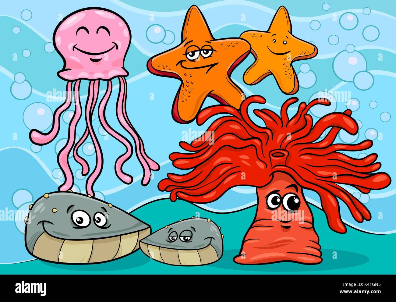 Cartoon Illustrations of Sea Life Animal Characters Stock Vector Image ...