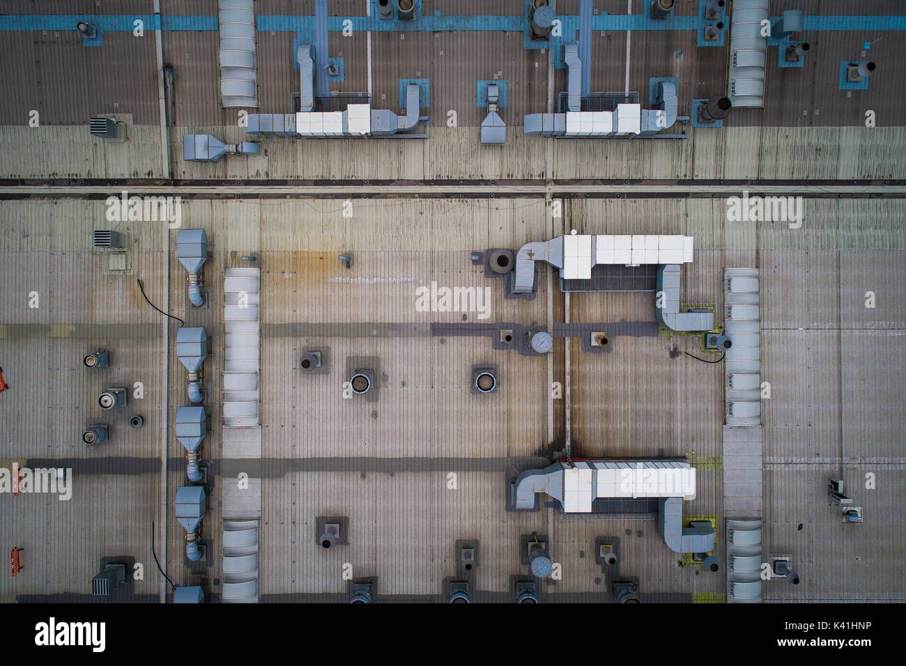 Aerial view of the factory roof with ventilation and air conditioning ...