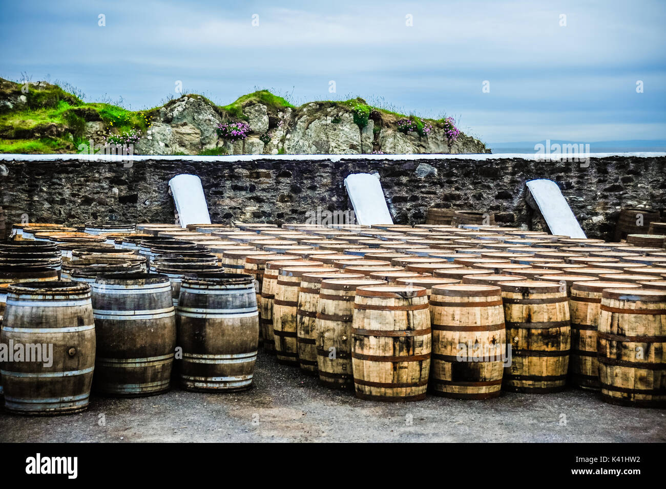 Whisky barrels by the sea, Islay, Scotland Stock Photo - Alamy
