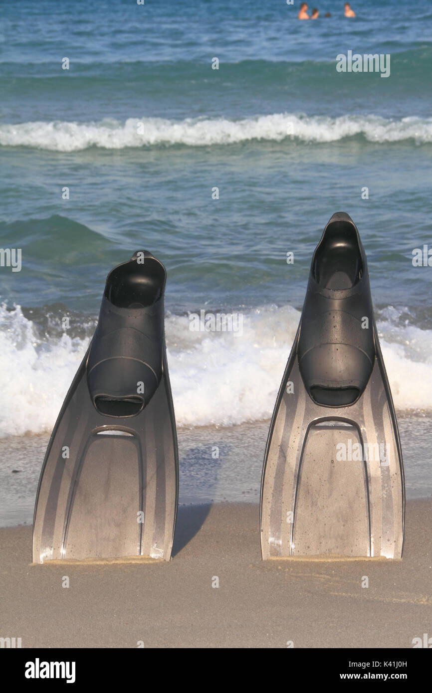 Flippers in the sand at the beach Stock Photo - Alamy