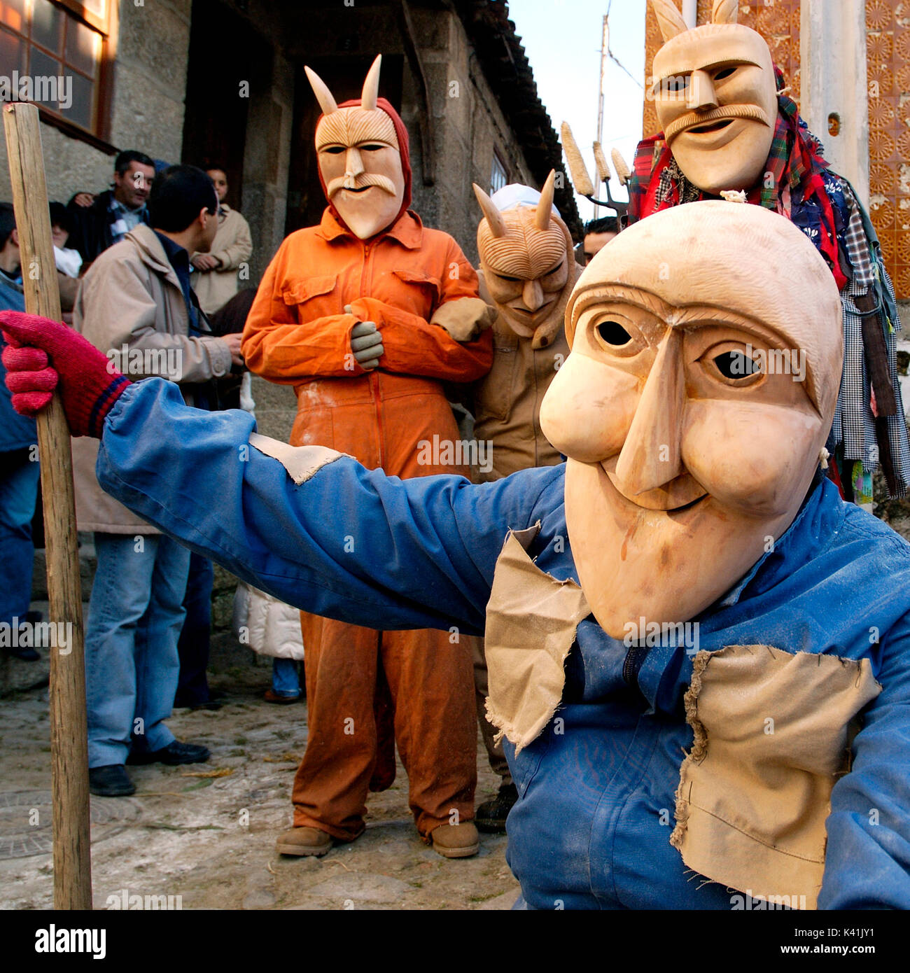 Traditional wooden masks during carnival. Lazarim, Beira Alta, Portugal ...