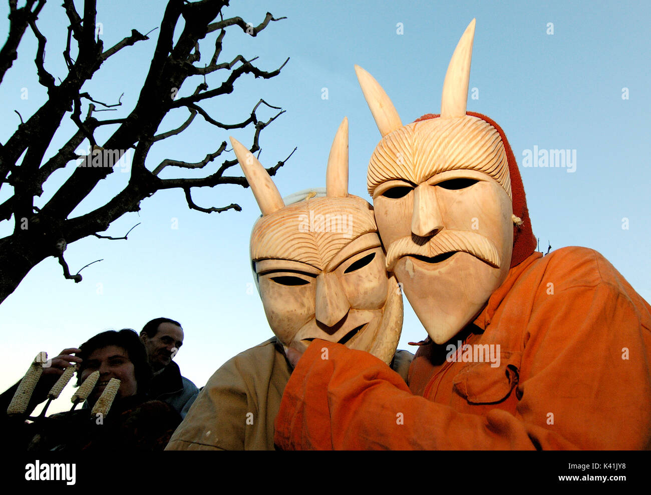 Traditional wooden masks during carnival. Lazarim, Beira Alta, Portugal ...