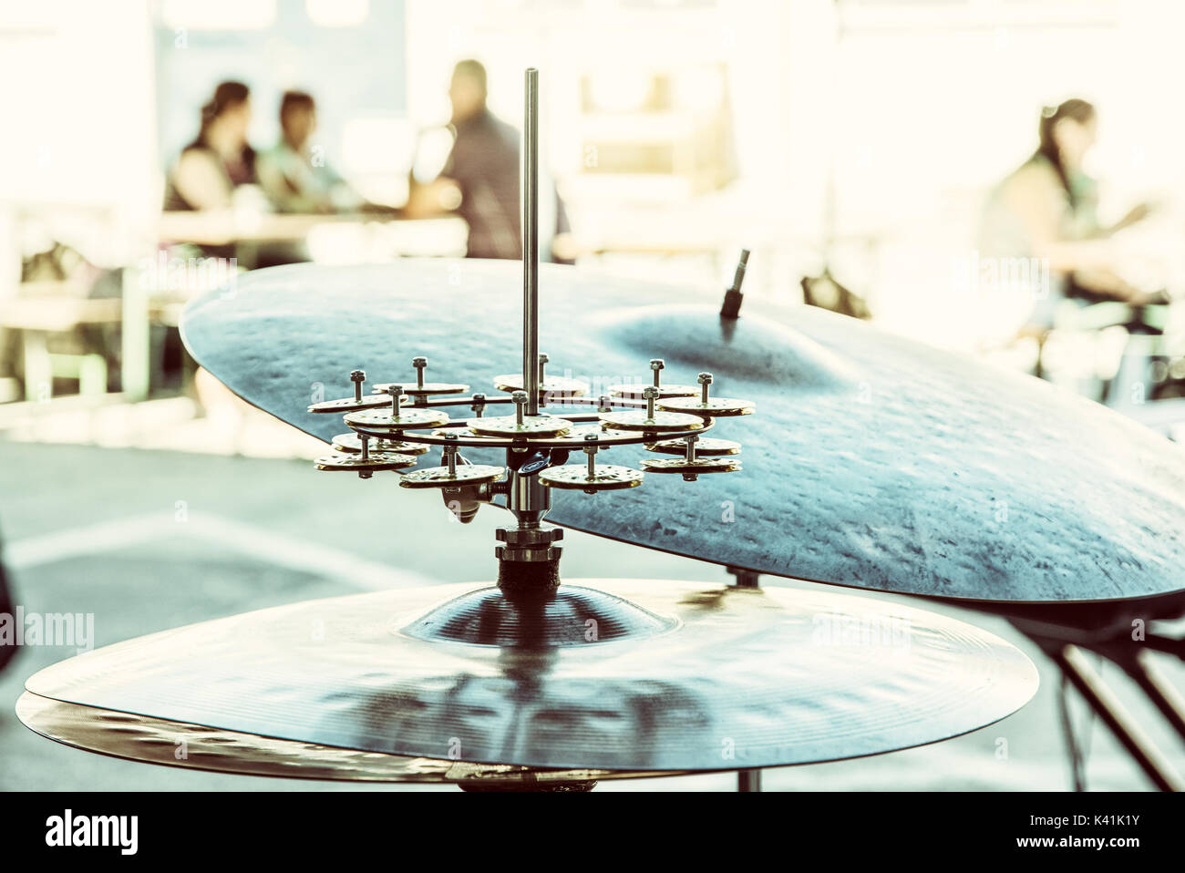 Detail of drums and cymbals. Concert scene with people. Retro photo ...