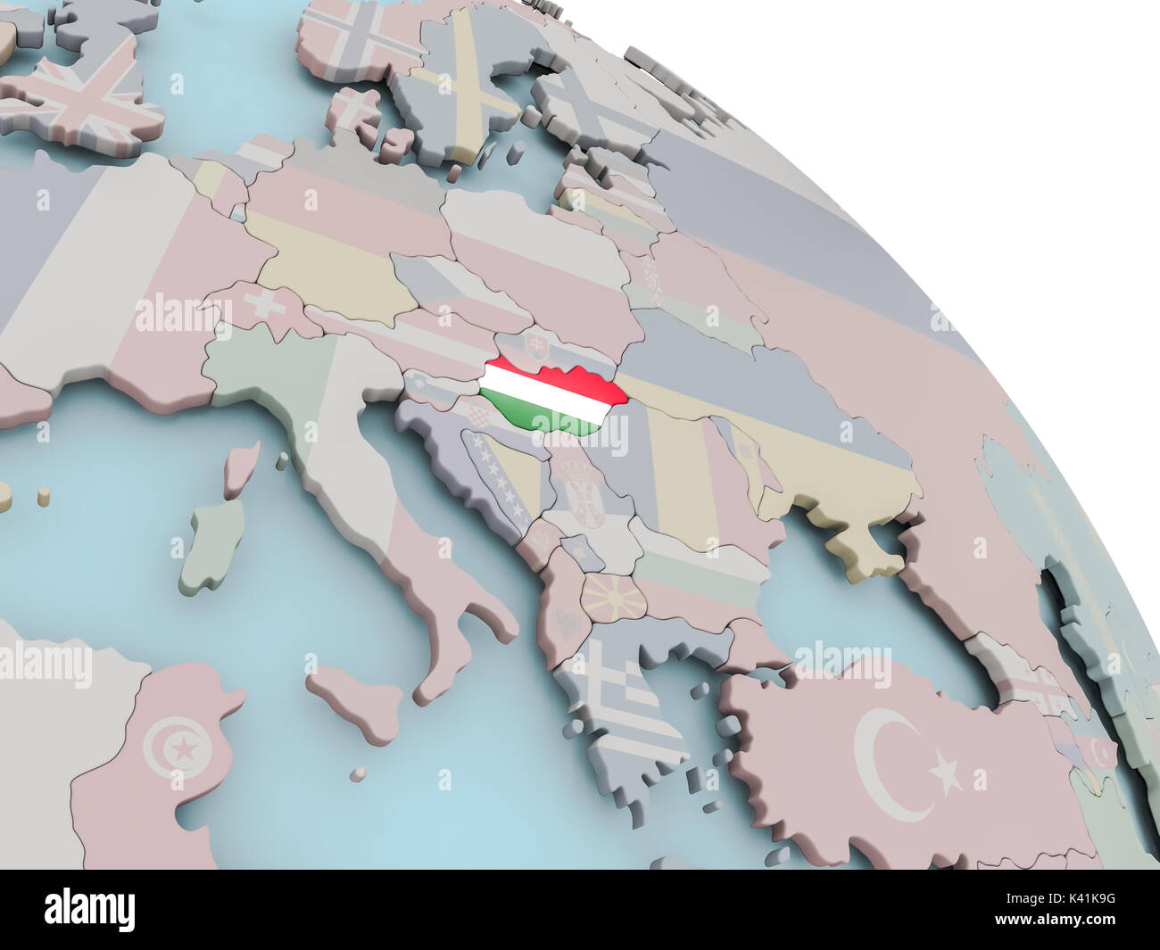 Illustration of Hungary on political globe with embedded flags. 3D ...