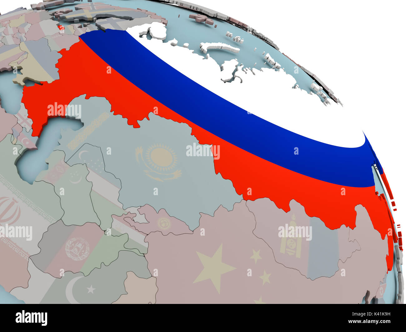 Illustration of Russia on political globe with embedded flags. 3D ...