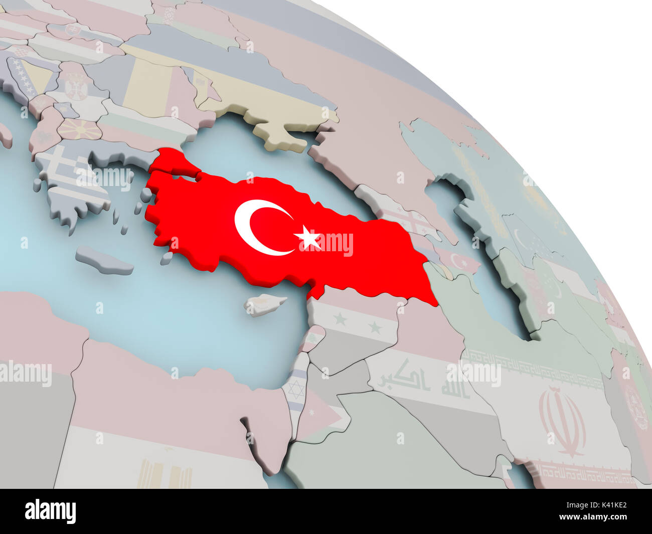 Illustration of Turkey on political globe with embedded flags. 3D ...