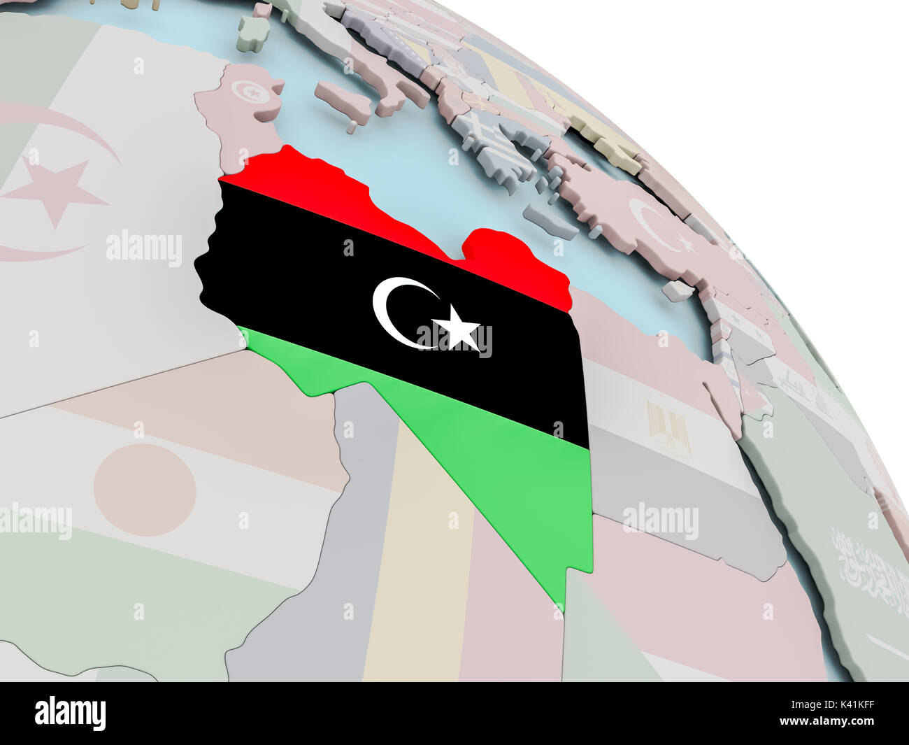 Illustration of Libya on political globe with embedded flags. 3D ...