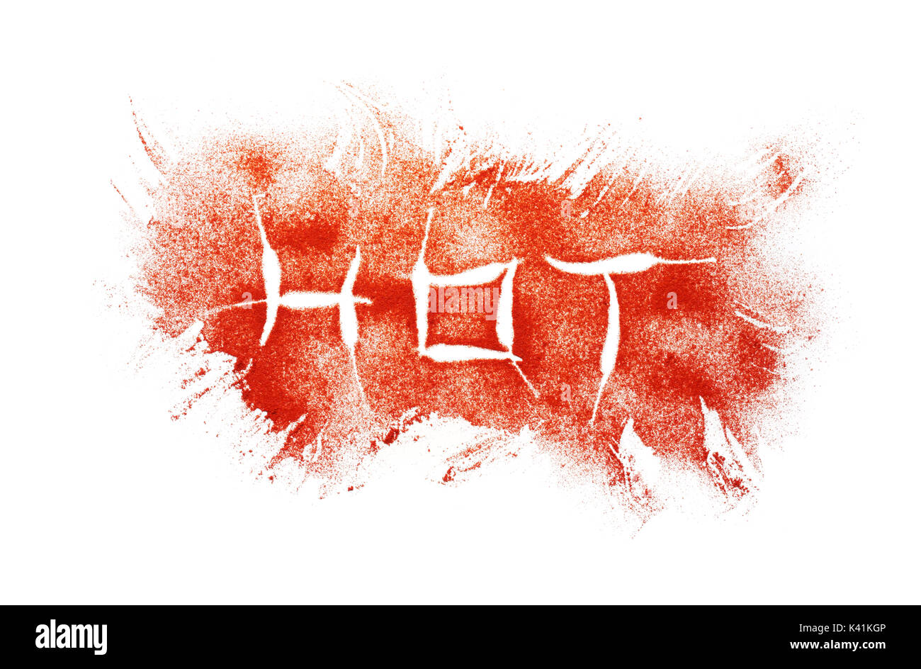 Writing of hot on chili powder burst over white background Stock Photo ...