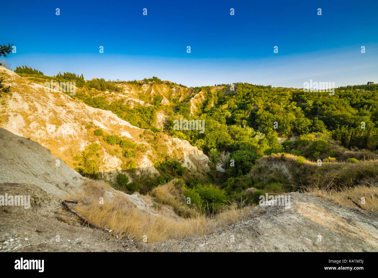 green weeds and arid rocks the region of badlands under the sun of ...
