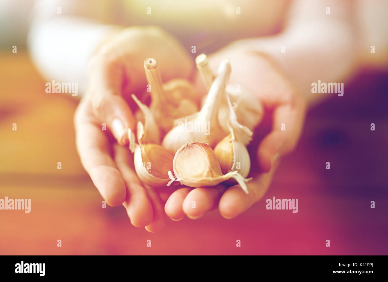 woman hands holding garlic Stock Photo - Alamy