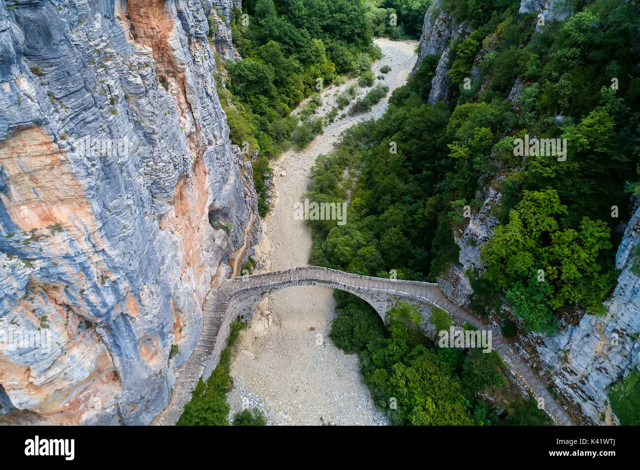 Aerial view of old Kokkori - Noutsou arched stone bridge on Vikos ...