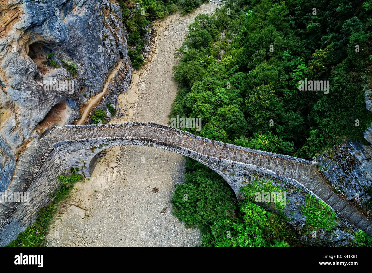 Aerial view of old Kokkori - Noutsou arched stone bridge on Vikos ...