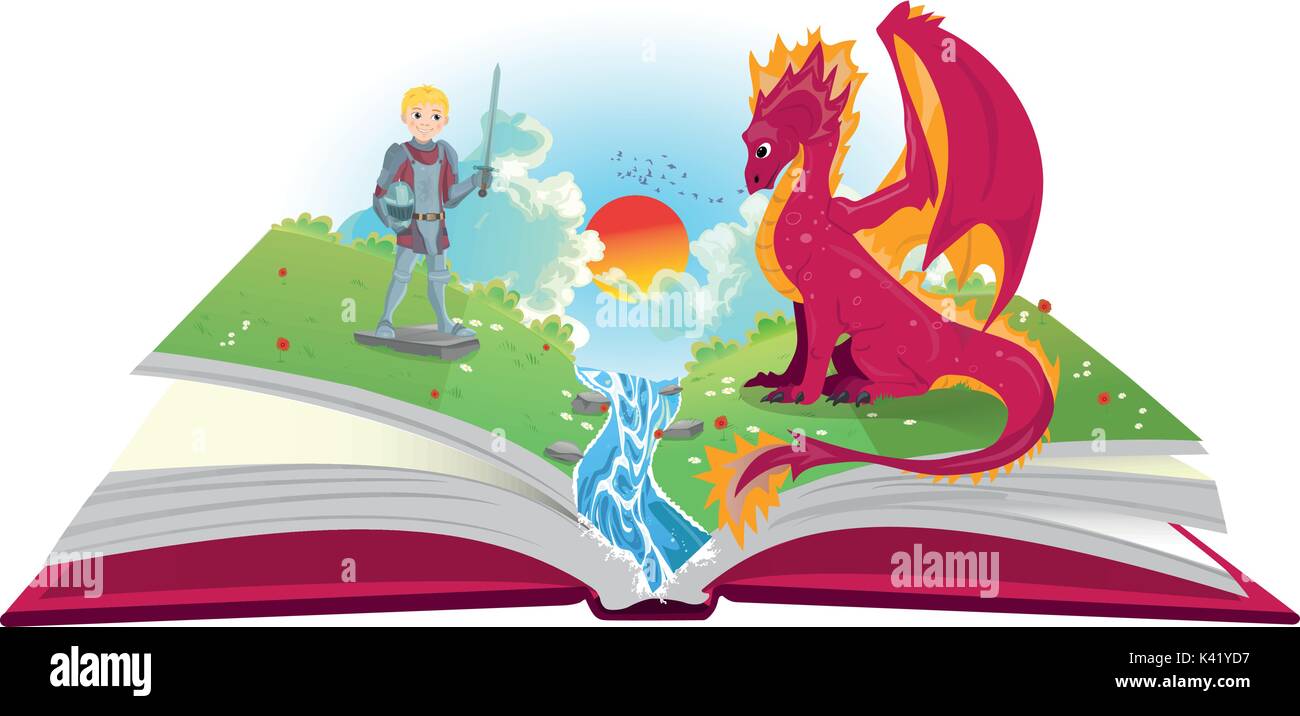 Book of fairytales with knight and dragon illustration Stock Vector ...