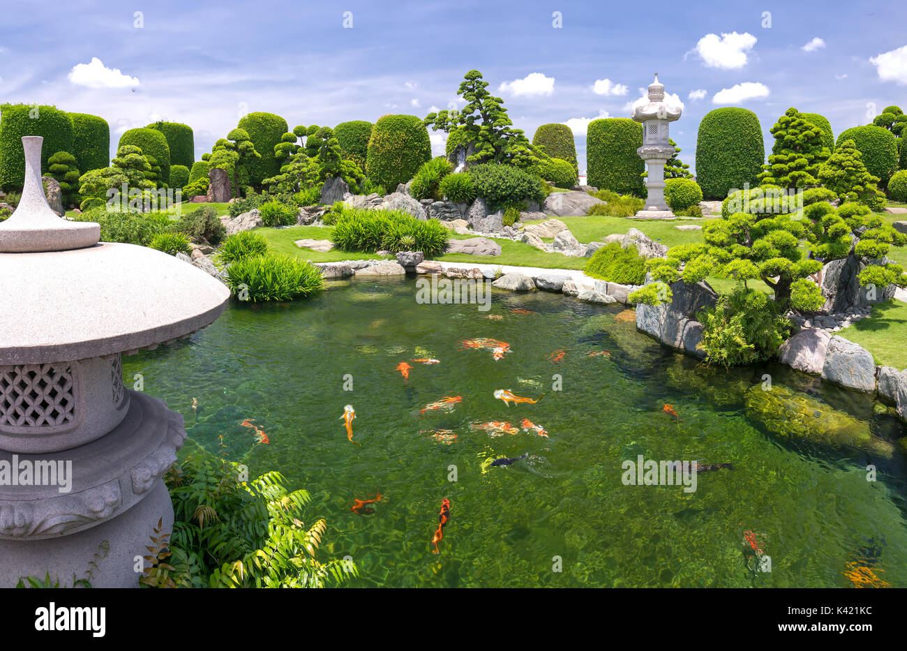 Beautiful garden in ecotourism designed in harmony with cypress, pine ...