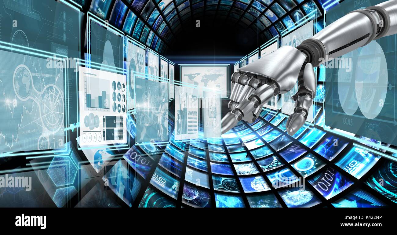 Digital composite of Robot hand interacting with technology interface ...