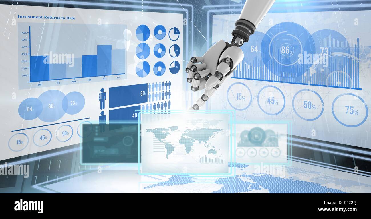 Digital composite of Robot hand interacting with technology interface ...