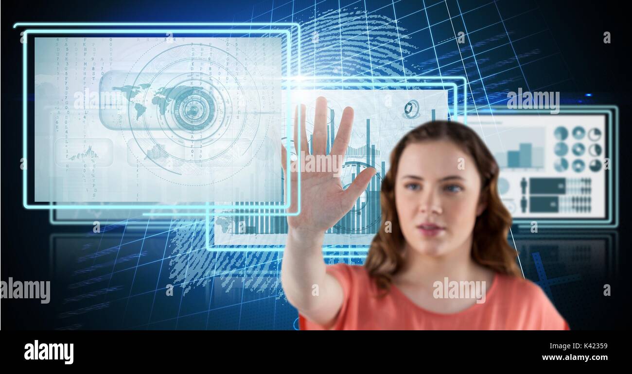 Digital composite of woman touching and interacting with technology ...