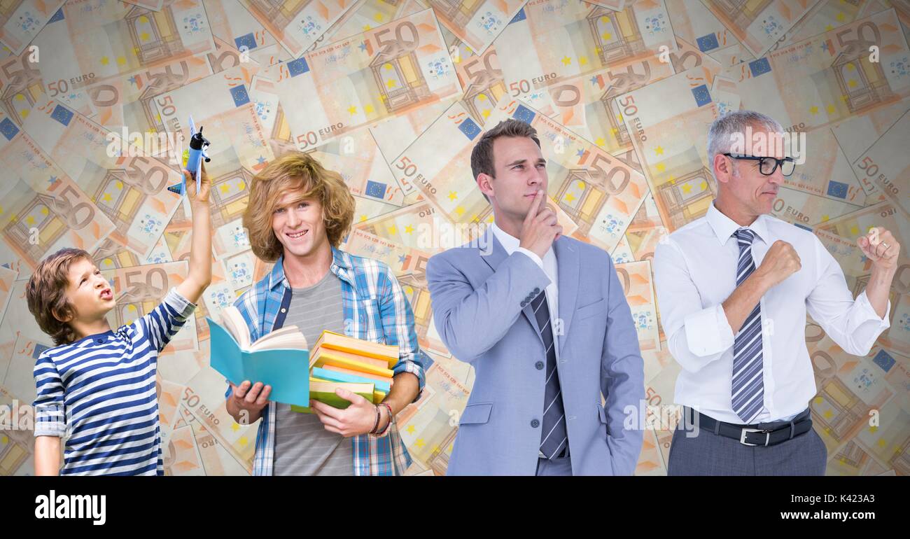 Digital composite of men of age generations growing up with euro notes ...