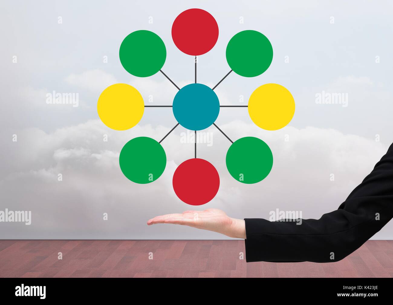 Digital composite of Hand and Colorful mind map over sky background ...