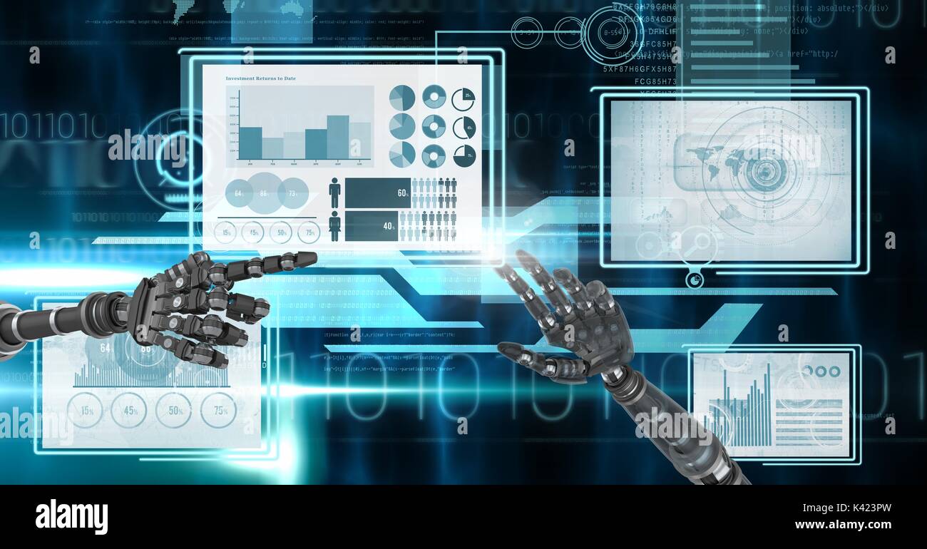 Digital composite of Robot hands interacting with technology interface ...