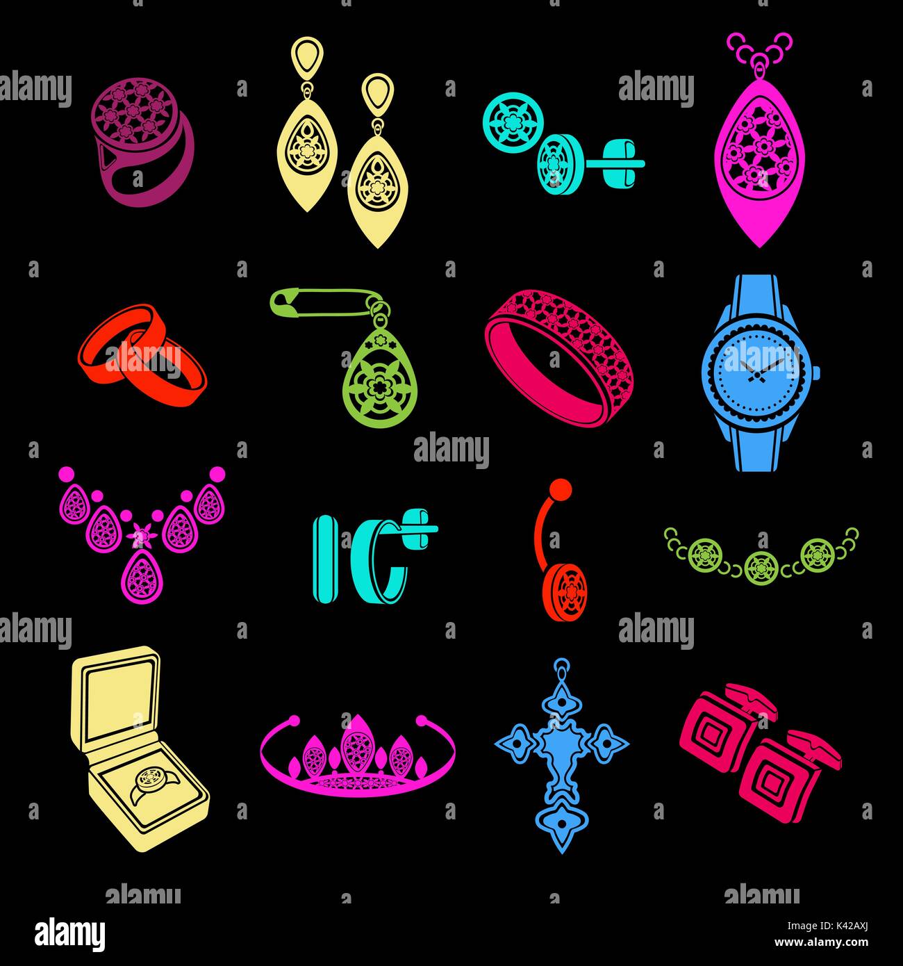 Set icons jewelry in vector. Multicolored bright flat icons isolated on ...