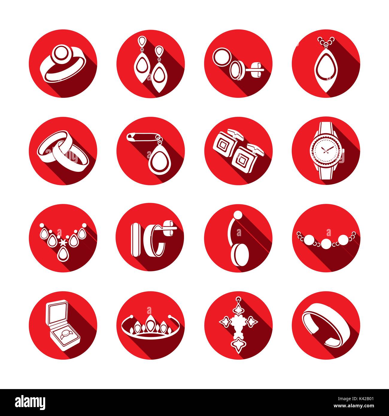 Set icons jewelry in vector. White flat icons in a red round frame with ...