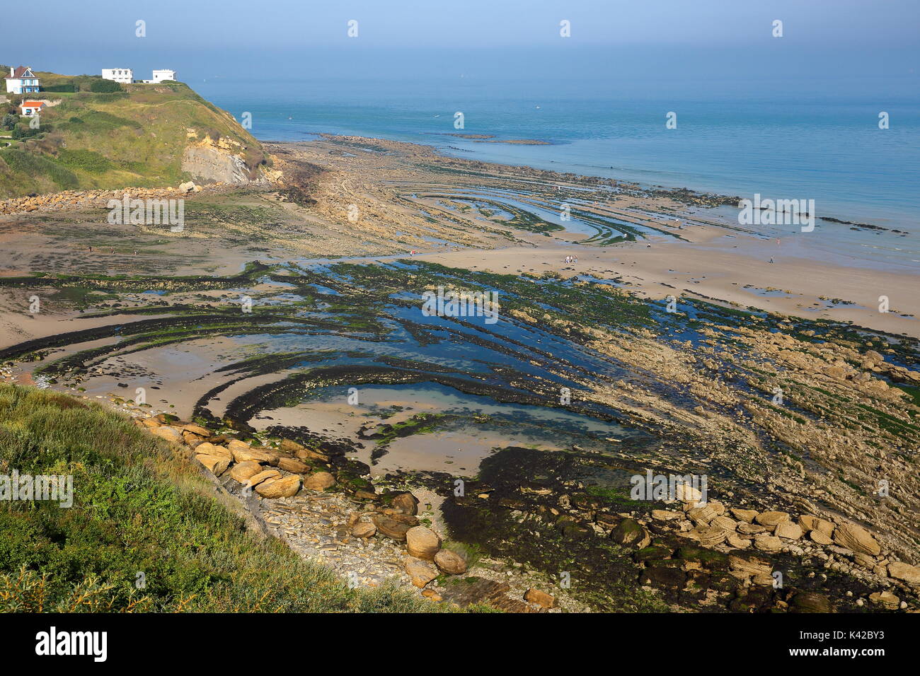 View of the Cap Gris Nez from a coastal path with the beach at low tide ...