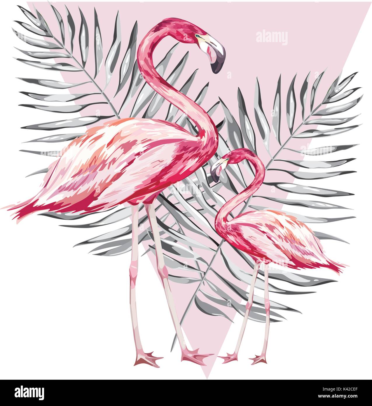Two flamingos with tropical leaves.Element for design of invitations ...