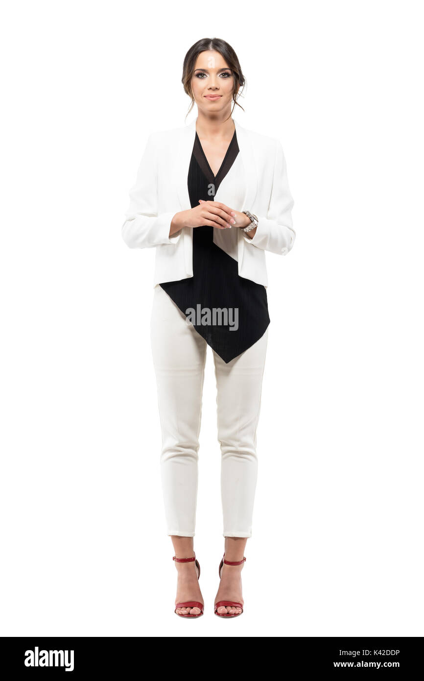 Friendly smiling business female presenter in formal suit with hands ...