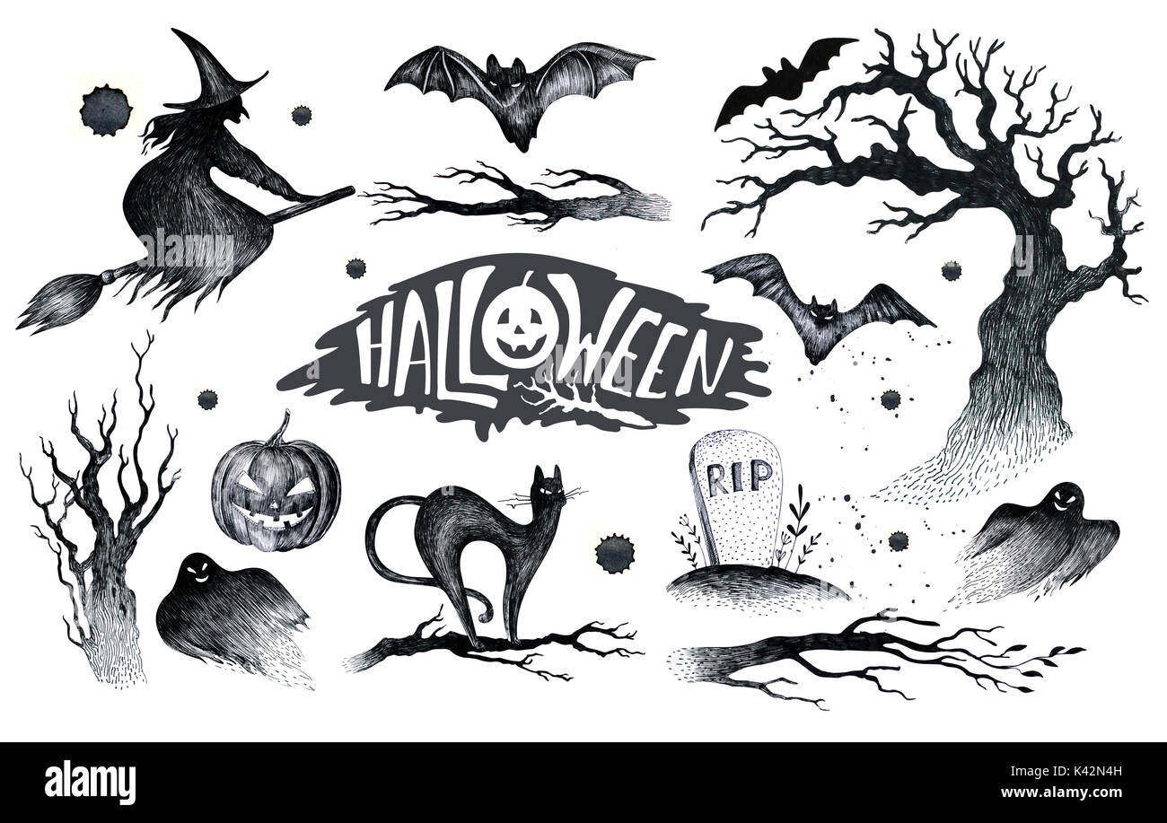 Halloween hand drawing black white graphic set icon, drawn Hallo Stock ...