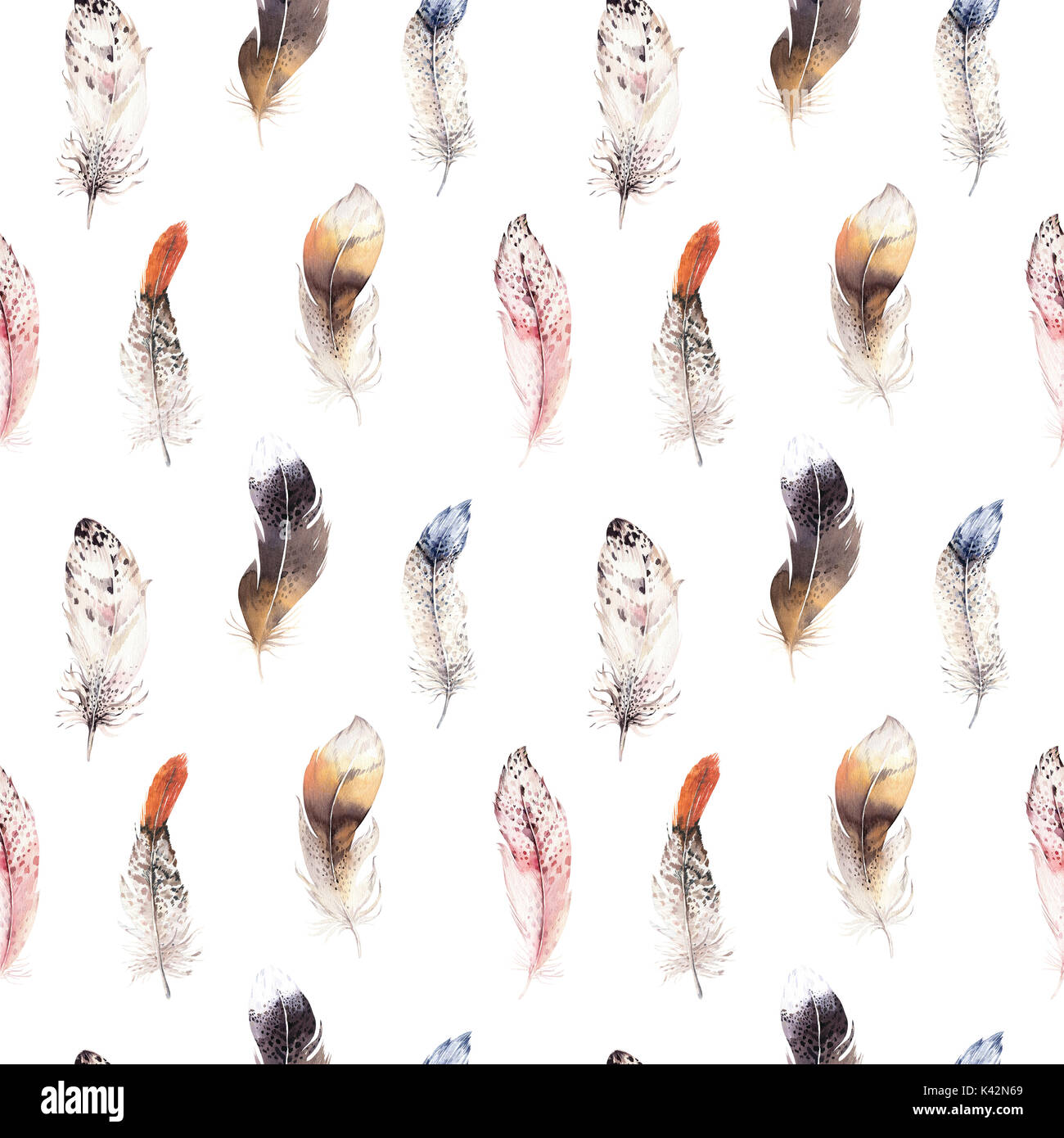 Watercolor natural birds feather boho pattern. Bohemian Seamless ...