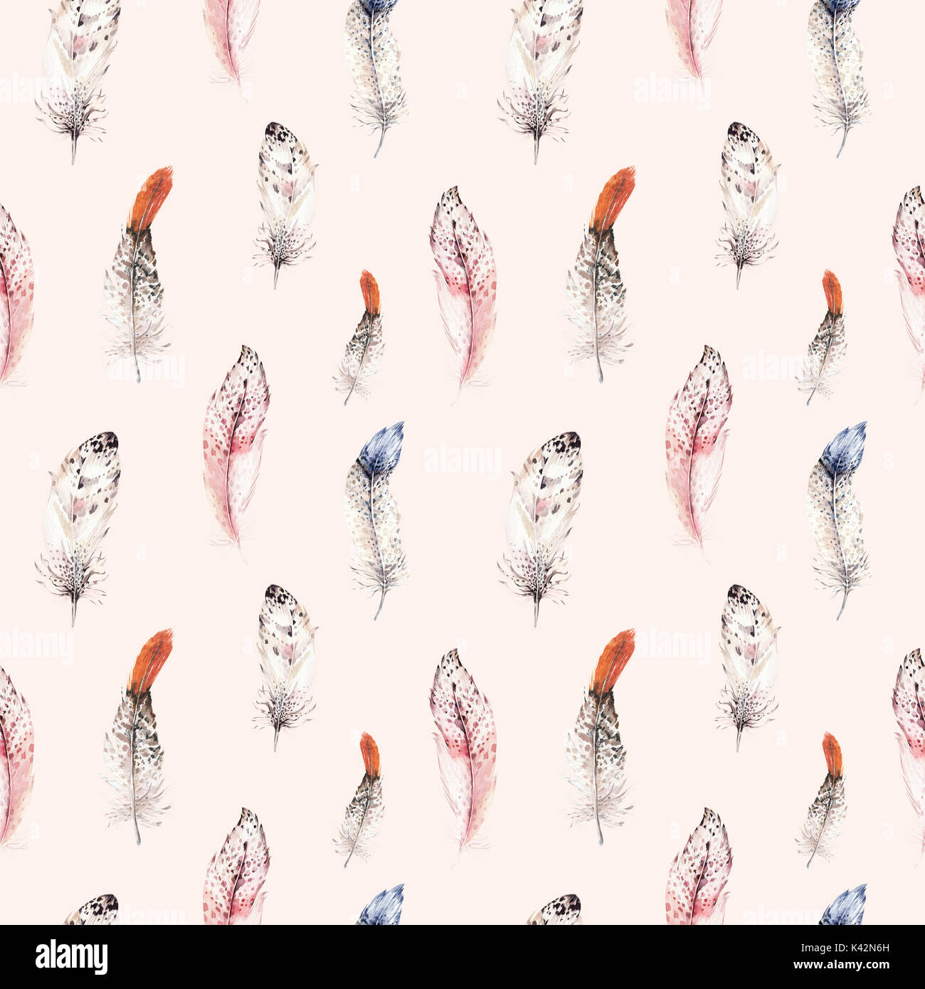 Watercolor natural birds feather boho pattern. Bohemian Seamless ...