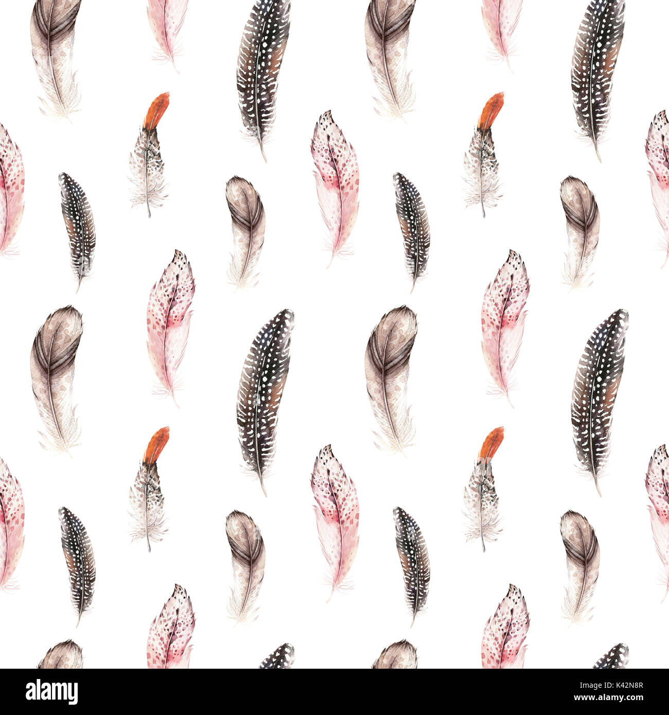 Watercolor natural birds feather boho pattern. Bohemian Seamless ...