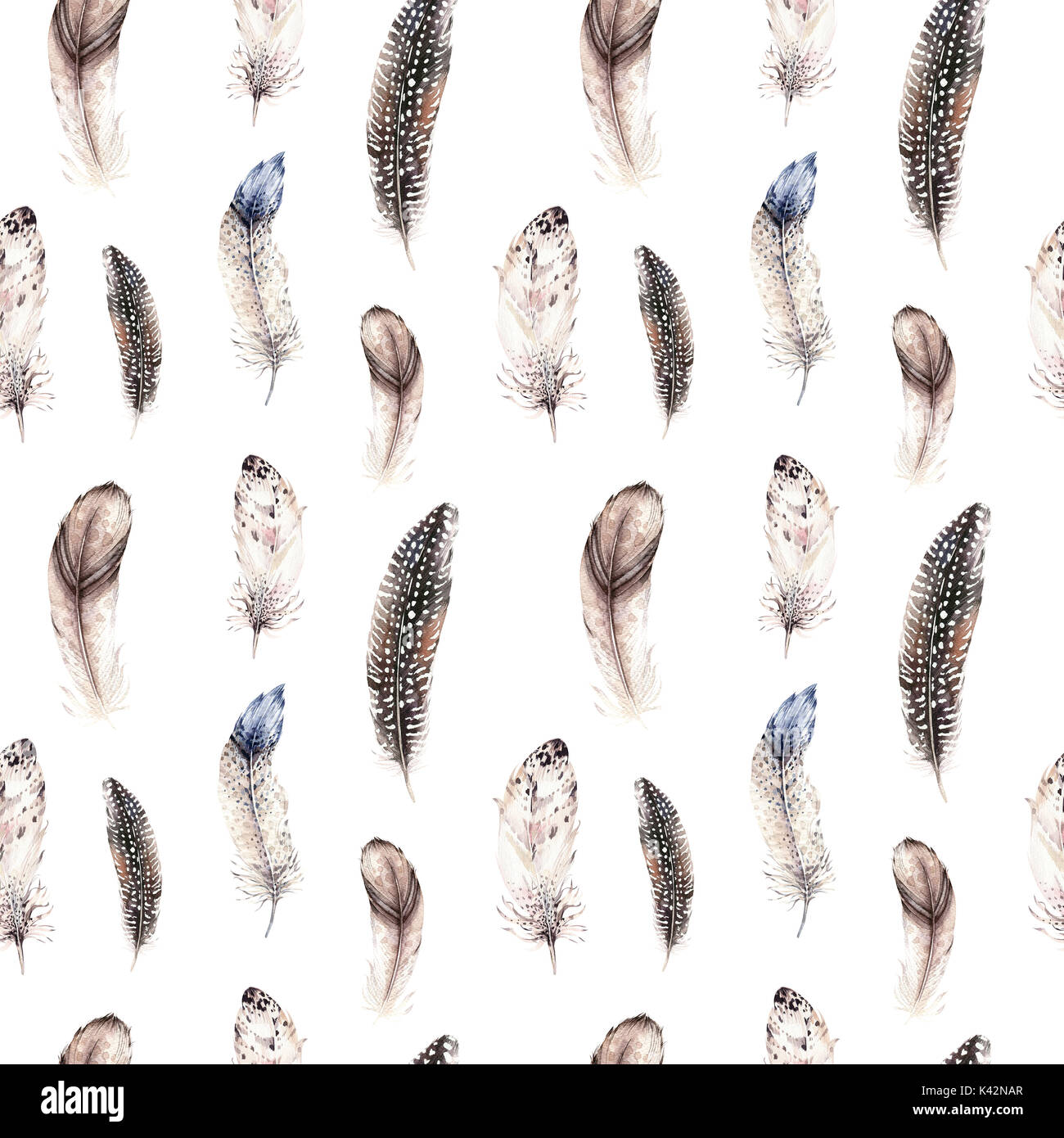 Watercolor natural birds feather boho pattern. Bohemian Seamless ...