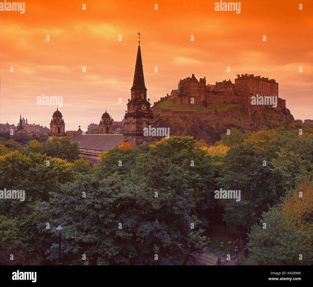 Autumn view of Edinburgh Castle and Saint Cuthberts Church as seen from ...