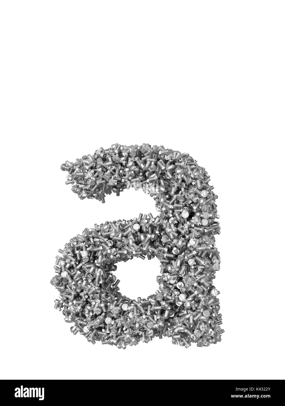 3D render of silver or grey alphabet make from bolts. small letter a ...