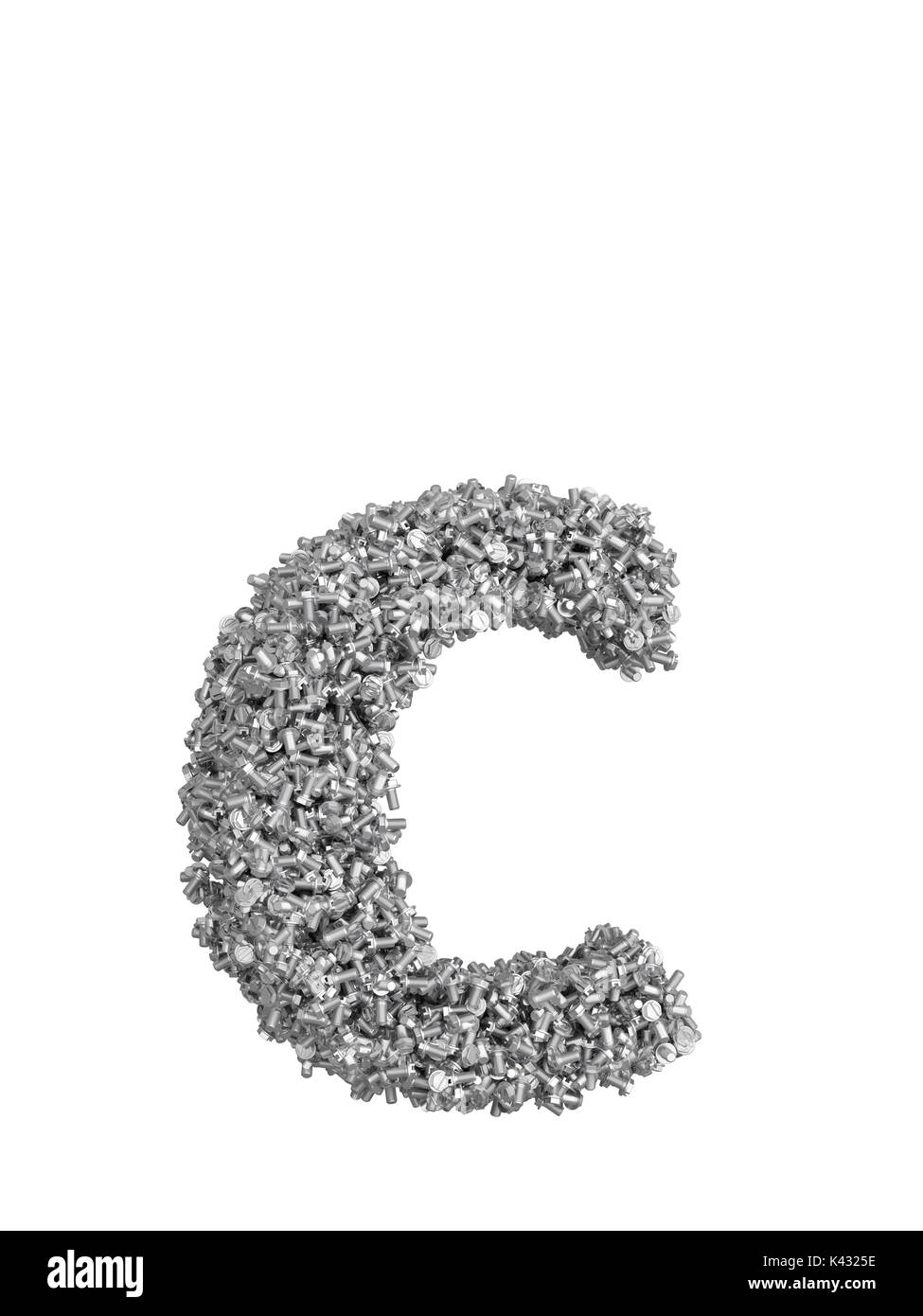 3D render of silver or grey alphabet make from bolts. small letter c ...