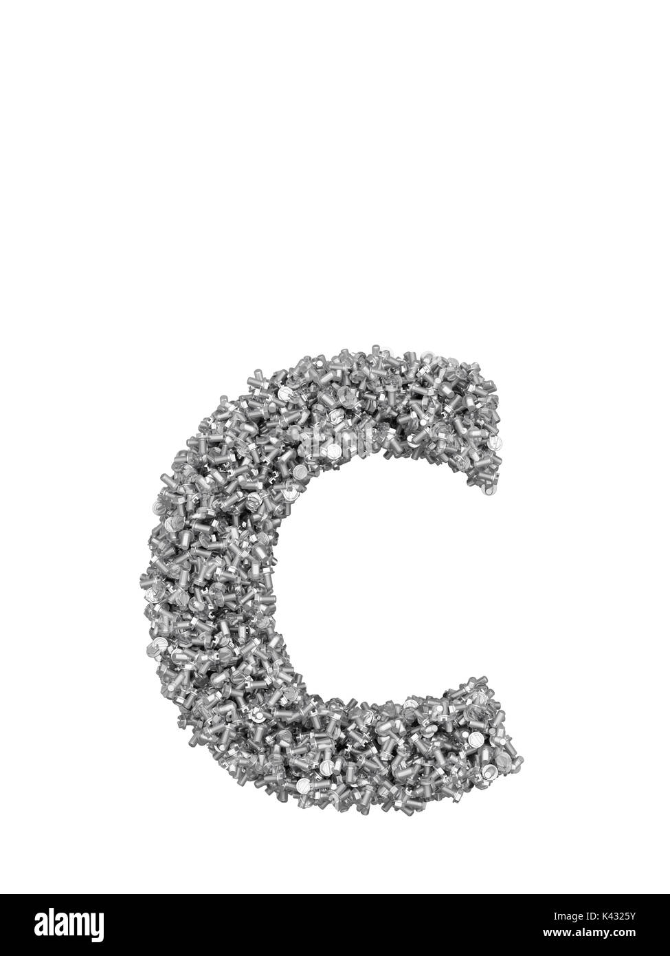 3D render of silver or grey alphabet make from bolts. small letter c ...
