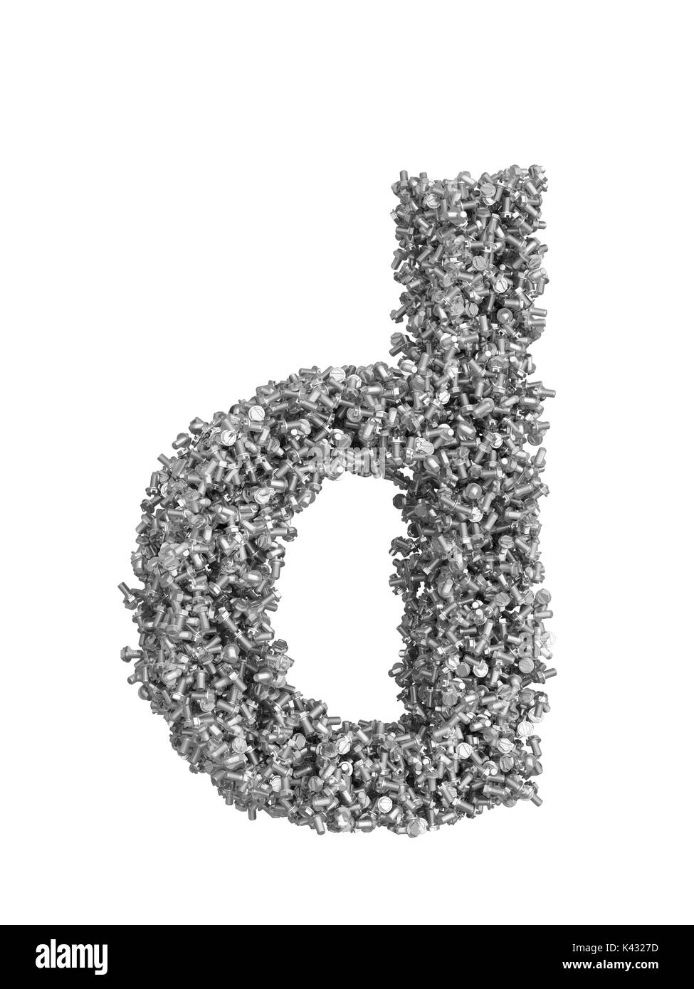 3D render of silver or grey alphabet make from bolts. small letter d ...