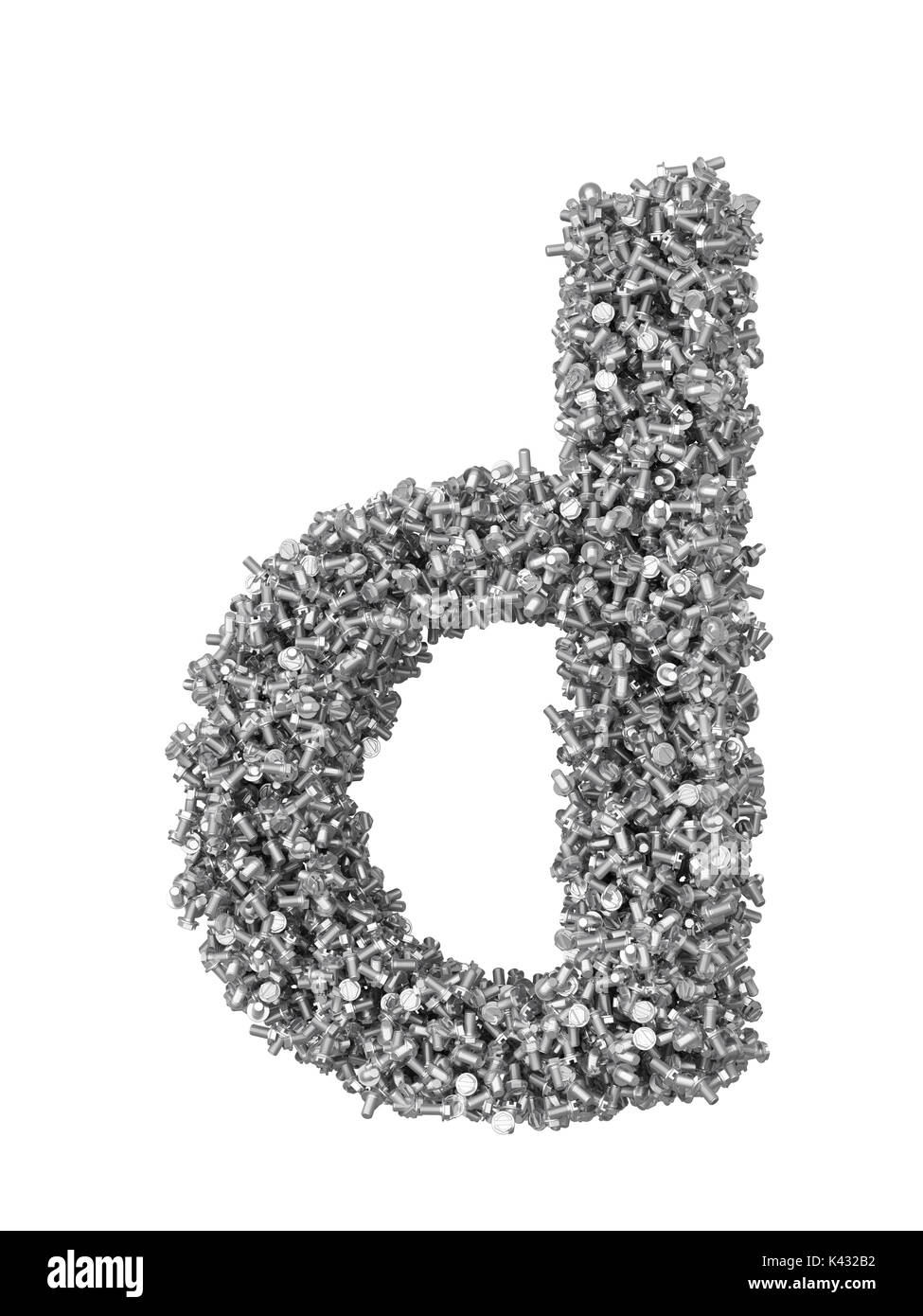 3D render of silver or grey alphabet make from bolts. small letter d ...