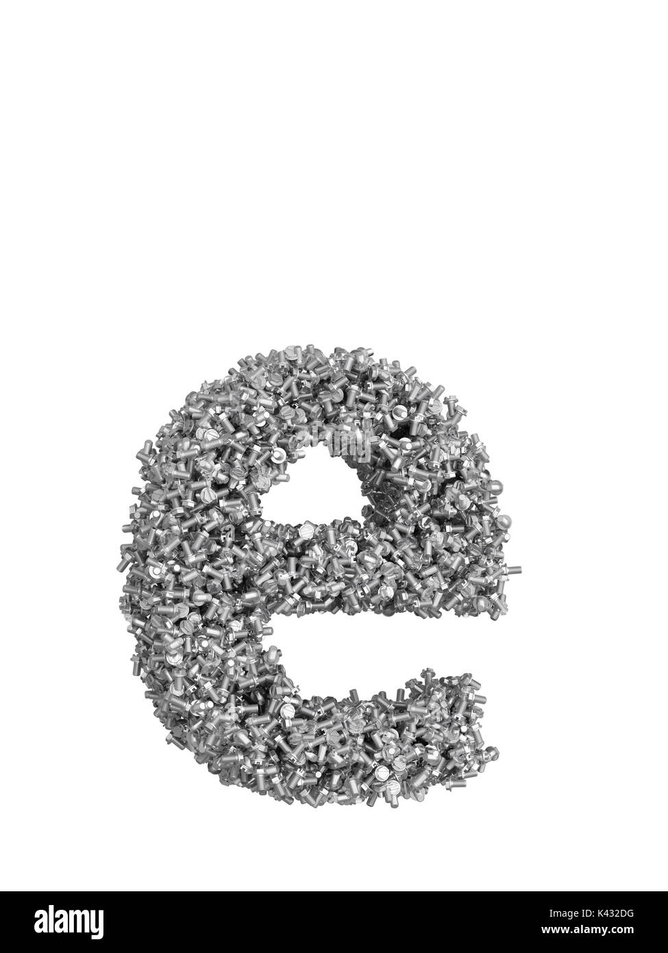 3D render of silver or grey alphabet make from bolts. small letter e ...