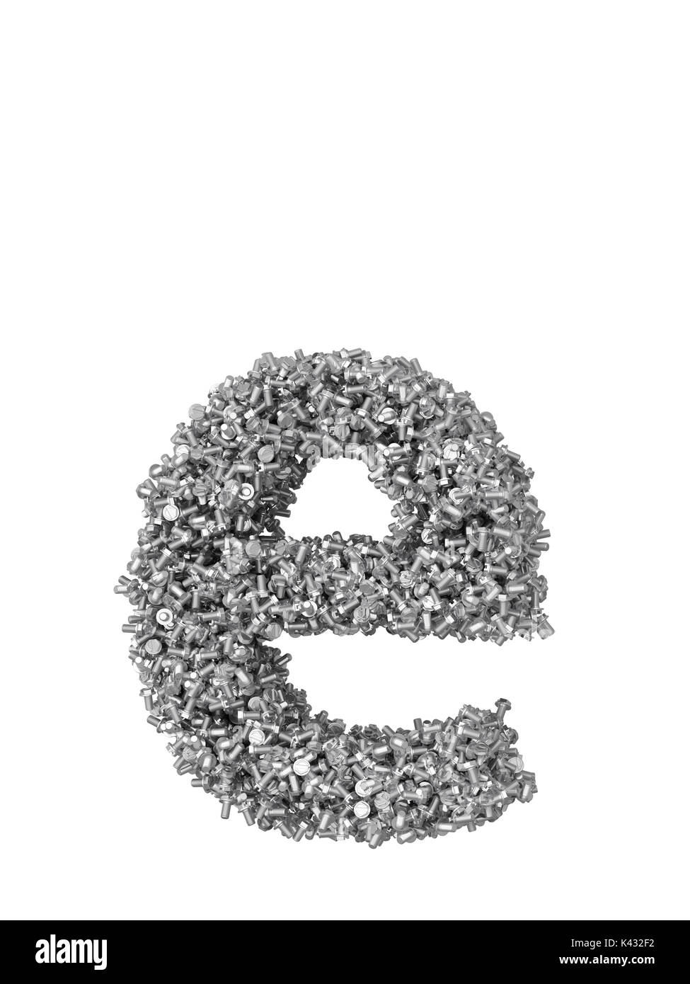 3D render of silver or grey alphabet make from bolts. small letter e ...