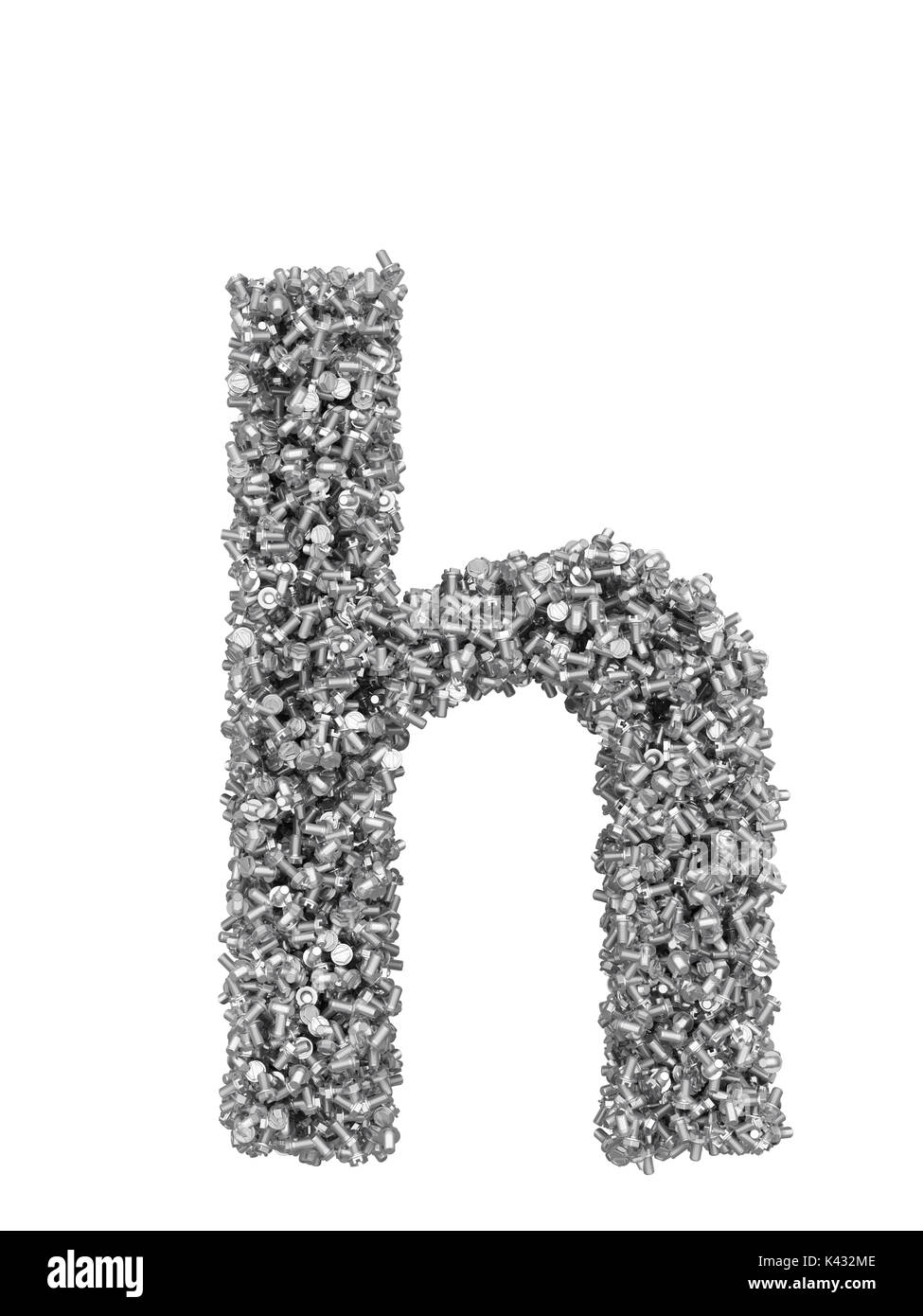 3D render of silver or grey alphabet make from bolts. small letter h ...