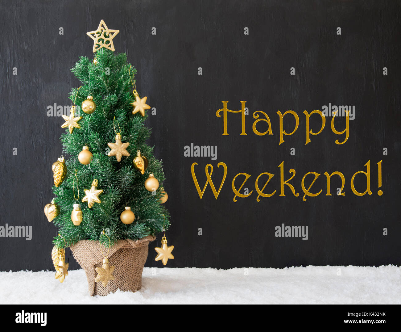 Christmas Tree, Text Happy Weekend, Black Concrete Stock Photo - Alamy