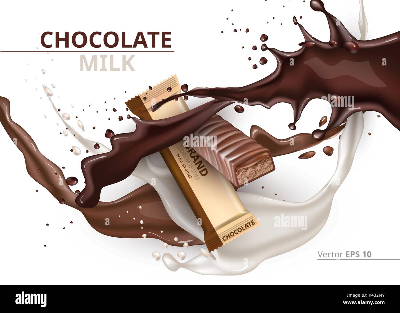 Chocolate bar caramel realistic Mock up Vector label design. Splash and ...