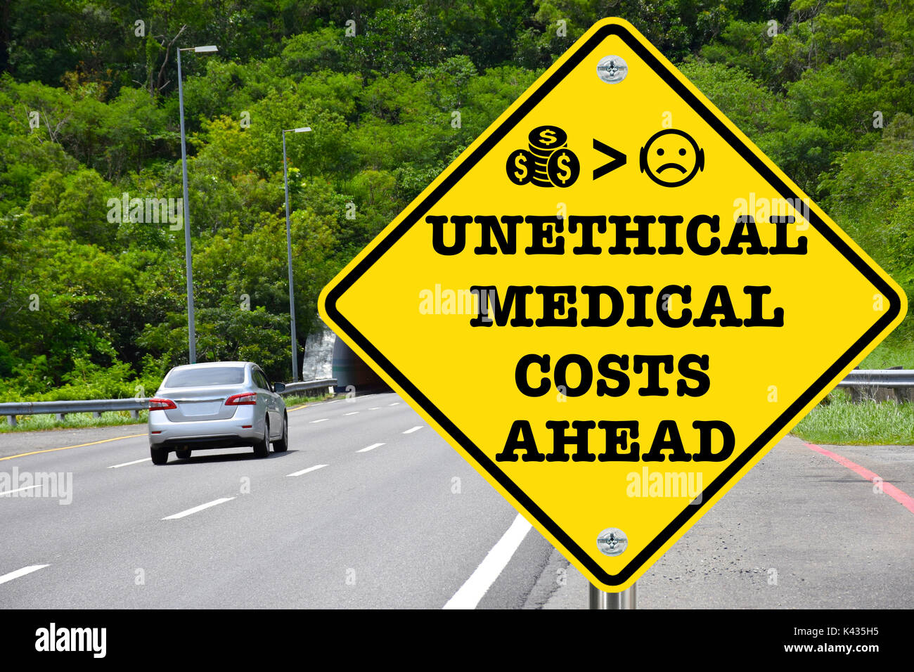 Unethical medical costs ahead, yellow warning sign Stock Photo - Alamy