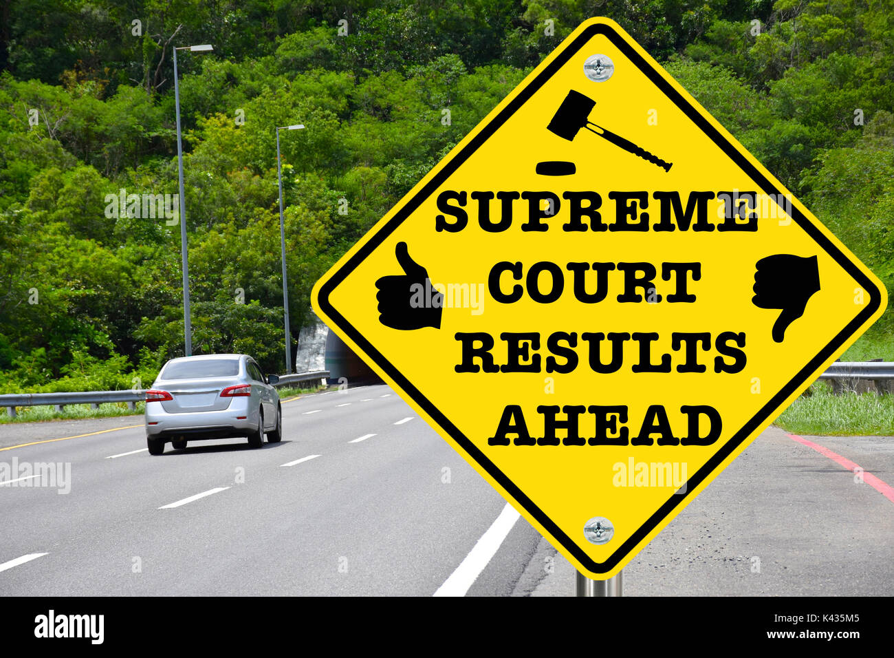 Supreme court results ahead, yellow warning road sign Stock Photo - Alamy