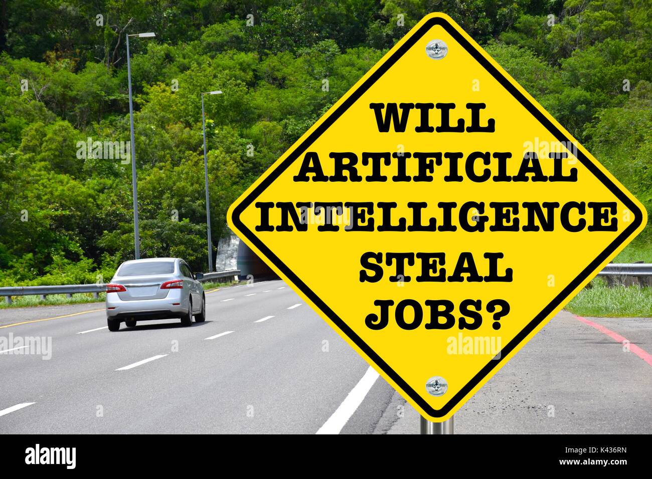 Will artificial intelligence steal jobs? Yellow warning road sign Stock ...